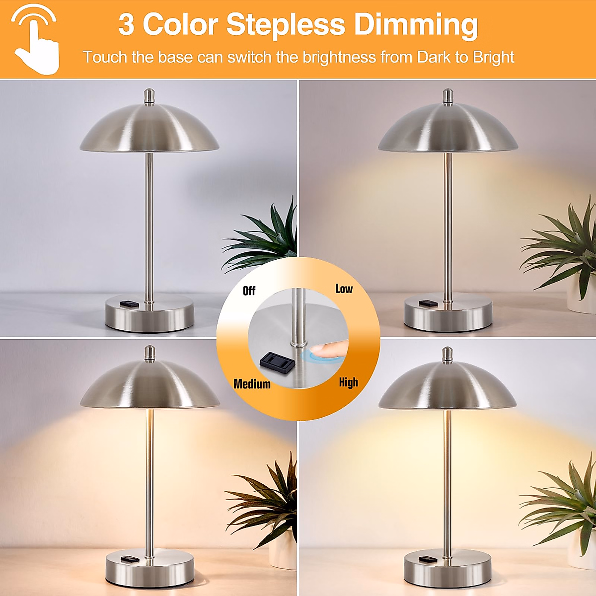 Modern Desk Lamp with AC Adapter,12" 3-Way Dimmable Touch Bedside Reading Lamp, Minimalist Silver Small Nightstand Table Lamp with Mushroom Dome Shade for Bedroom Living Room Office, LED Bulb Included