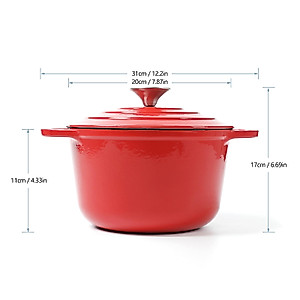 HAWOK Enameled Cast Iron Dutch Oven with Lid, 3 Quart Deep Round Dutch Oven with Dual Handles, Red