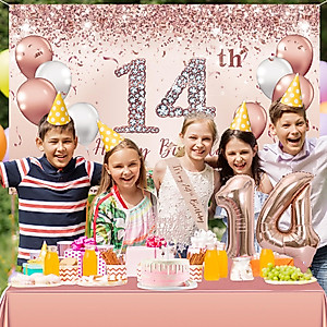 Trgowaul 14th Birthday Decorations Party Set for girls, Rose Gold 14 Birthday Banner and Tablecloth, 14 & Fabulous Sash and Tiara, 1PC Happy 14th Birthday Cake Topper, Pink Gold 14 Number Balloons
