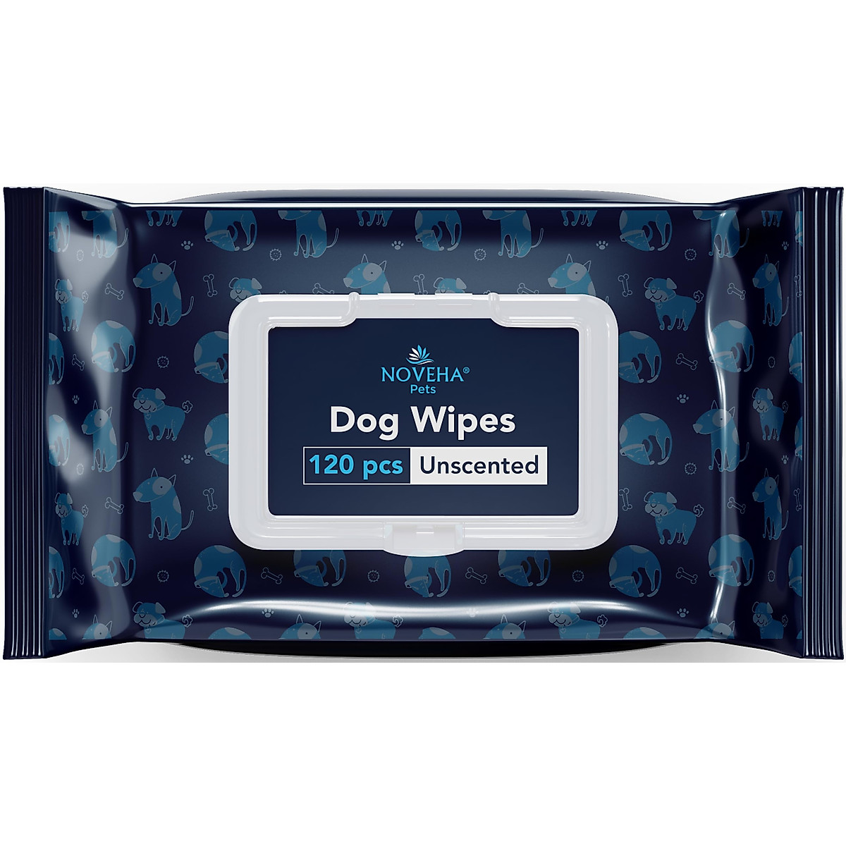 NOVEHA Dog Wipes - Odor Eliminating and Cleaning Grooming Wipes for Dog's Paws, Body, and Butt - Perfect for Puppy and Adult Dogs - Plant-Based, Safe, Convenient & Large Unscented Wipes (120 Counts)