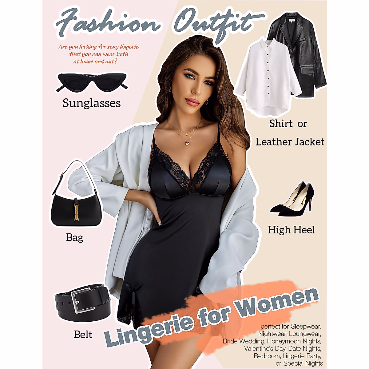 ADOME Women Lingerie Lace Chemise Nightgown Satin Babydoll Nightwear Silk Slip Dress Black M