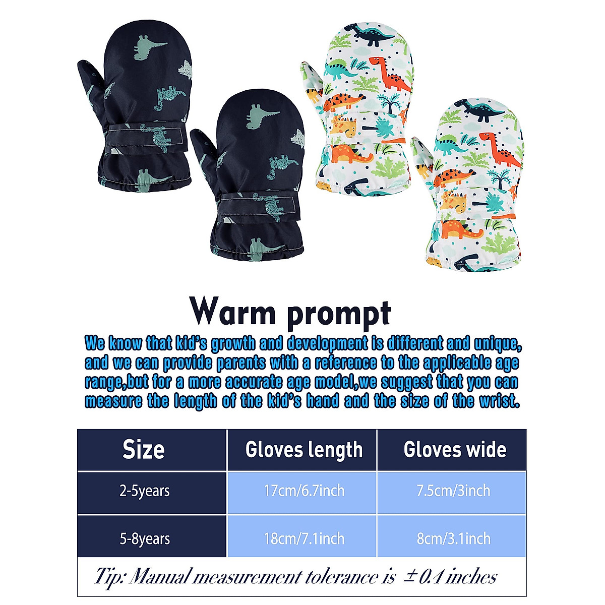 SATINIOR 2 Pairs Girls Waterproof Mittens Kids Snow Gloves Warm Thicken Ski Gloves for Winter Outdoor Activities(2-5 Years,Dinosaur Style)