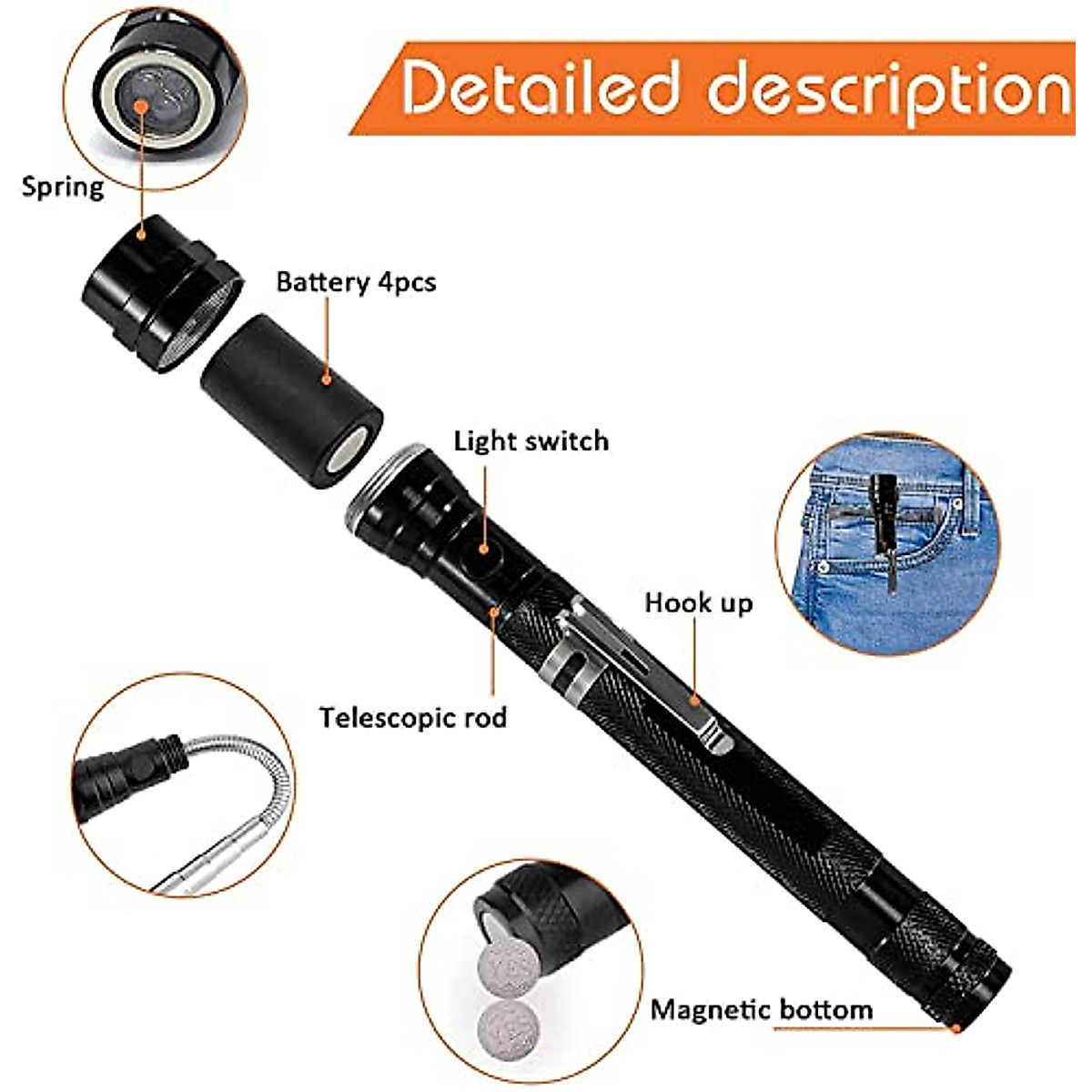 LED Magnetic Pick Up Tool,Extensible Led Flashlights,Perfect Mechanic pick-up tools gifts for men, Valentines Day gifts