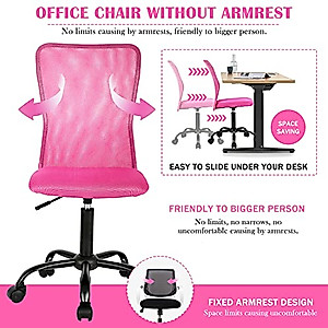 FLL Armless Task Office Chair Ergonomic Computer Desk No Arms Swivel Rolling Chair,Mid Back Executive with Lumbar Support Height Adjustable for Adults(Pink), 20.2 x 16.5 x 40.1 inches