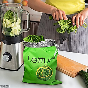 Reusable Vegetable Produce Bags Salad Sack - Keep It Fresh Produce Bags for Refrigerator Bags Fruit Bags Lettuce Storage Bag - Lettuce Keeper for Fridge Green Vegetable Bags Storage with Drawstrings