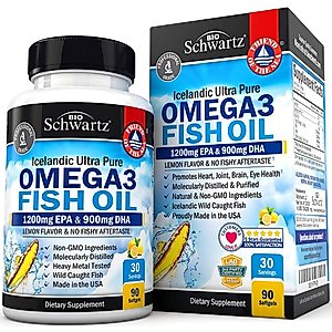 Omega 3 Fish Oil Supplement - 1200mg EPA and 900mg DHA Fatty Acid Per Serving - Supports Joint, Eyes, Brain & Skin Health - Burpless Lemon Flavor, Gluten-Free, 90 Softgels (Packaging May Vary)
