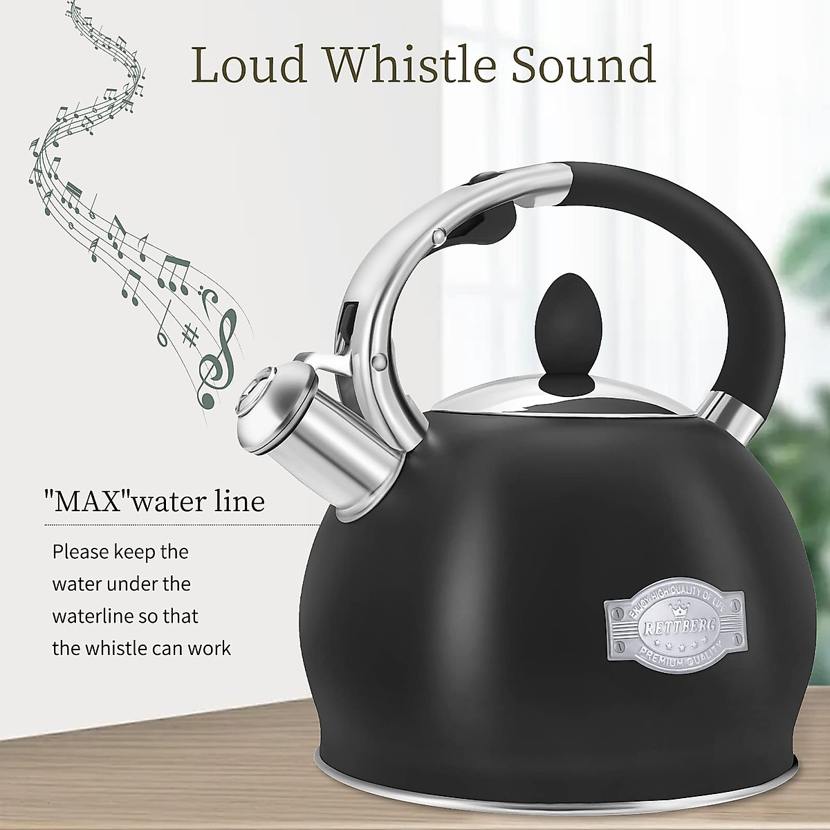 RETTBERG Tea Kettle for Stovetop Whistling Tea Kettles Retro Black Stainless Steel Teapots, 2.64 Quart (Black 1)