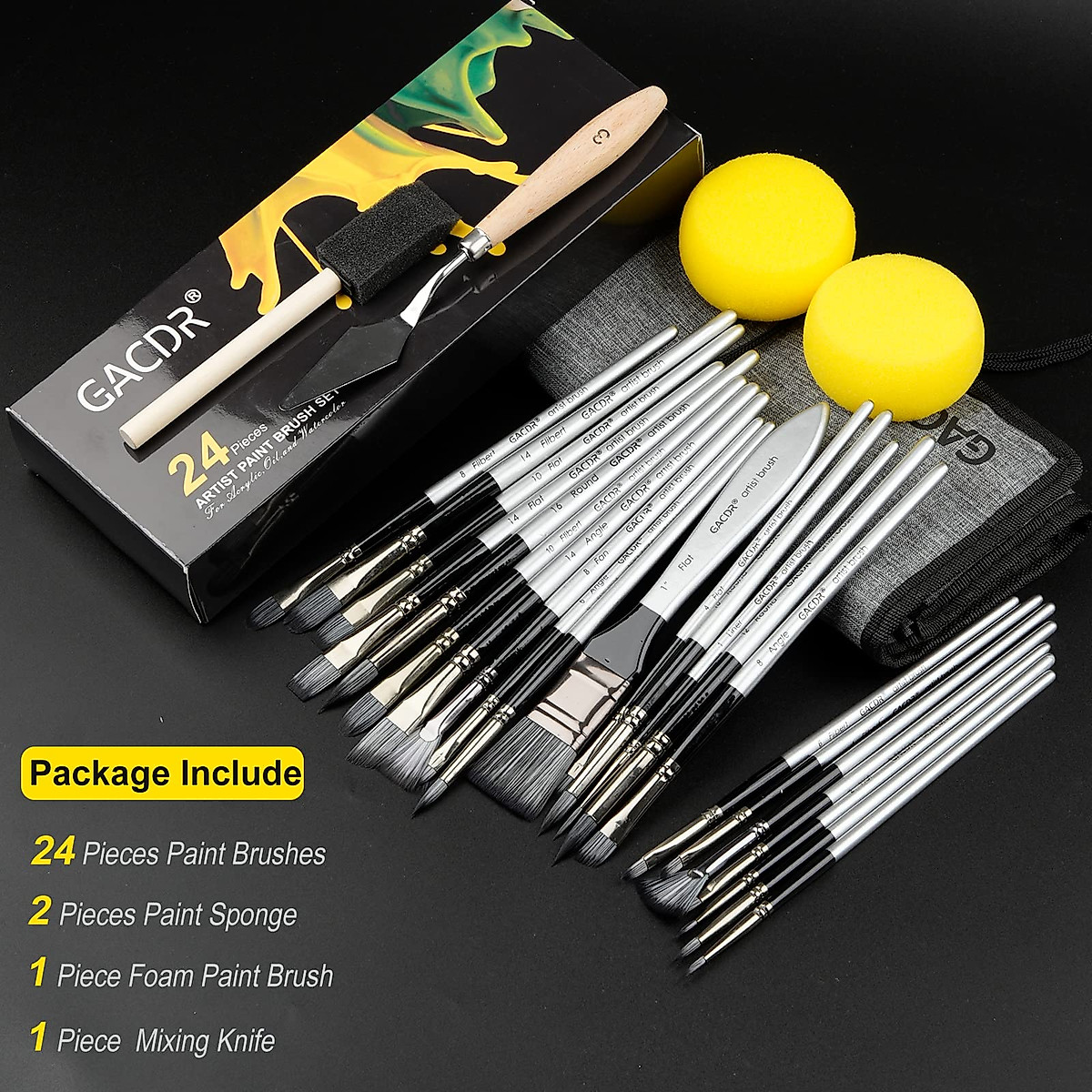 GACDR Acrylic Paint Brush Set, 24 Pieces Paint Brushes for Acrylic Painting with Cloth Roll Case and 2 Sponges, Pinceles para Acrilico for Oil Watercolor Gouache…