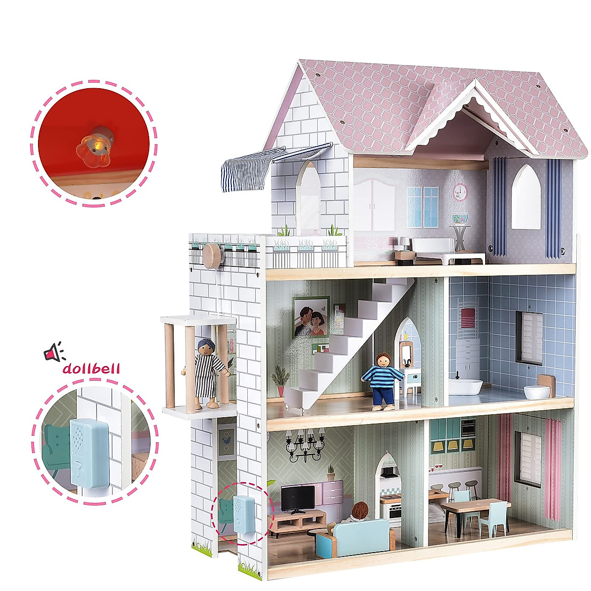 Giant Bean Wooden Dollhouse 2.6 feet High with Elevator, Doorbell, Light,52 Pieces Furnitures and 8 Dolls