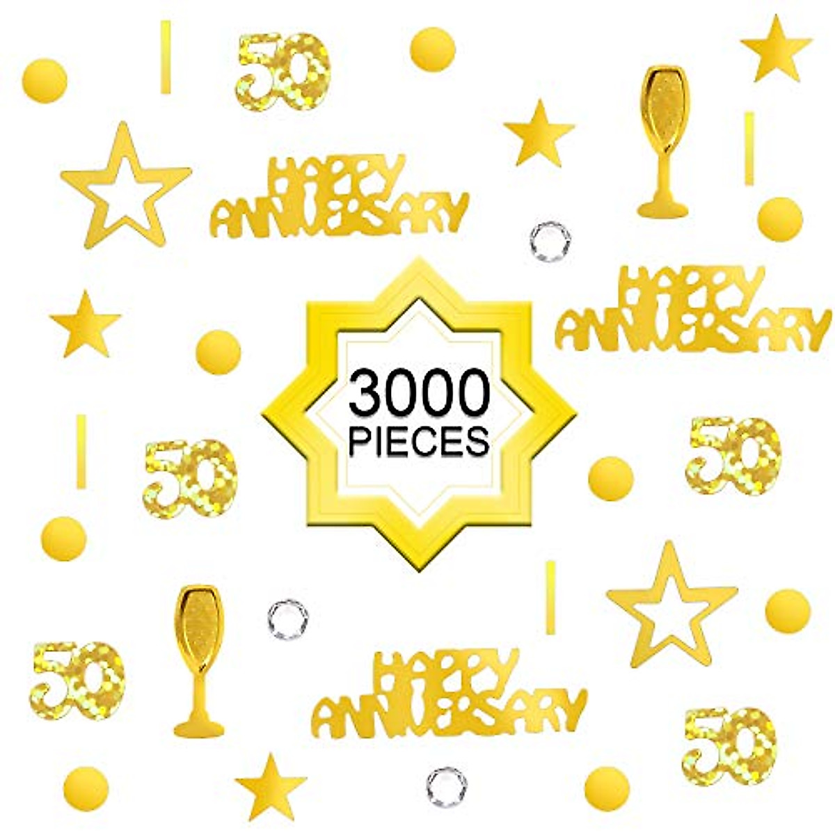 50th Happy Anniversary Confetti 50th Party Confetti Number 50 Anniversary Confetti Metallic Foil Star Circles Mix Confetti for Table Decorations Party Supplies Anniversary DIY Art, Gold, 3000 Pieces