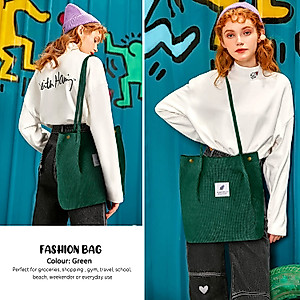 Ayieyill Corduroy Tote Bag for Women Canvas Shoulder Cord Purse with Inner Pocket（Green）