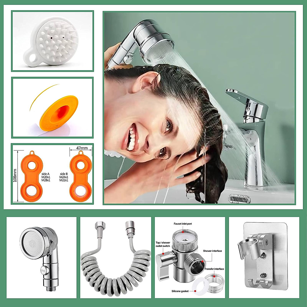 cakuuma Sink Faucet Hose Sprayer Attachment handheld Sink Sprayer with 6 Adapters & ON/Off Extension Salon Shampoo Hose Shower Head for Hair Washing Baby Bath Pet Rinse (4ft, Silver) (XP-HS002)