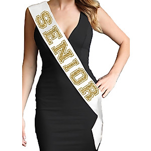 RhinestoneSash High School Senior Grad Gift - Gold Sparkle Senior White PREMIUM GRADE SATIN Sash - Graduation & Senior Night Supplies - White Satin (Gld Senior)