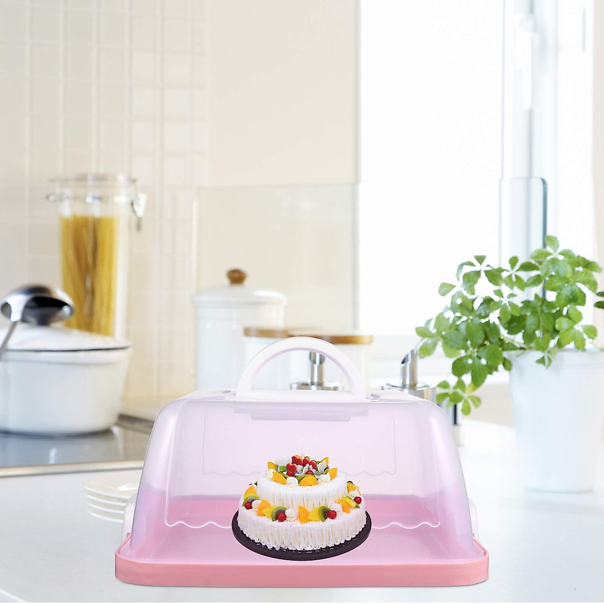 BESTOYARD Locking Cake Carrier Square Storage Container Stand for Cupcakes and Cakes with Collapsible Handles Pink,15536186GQMGRP,25.5x20cm