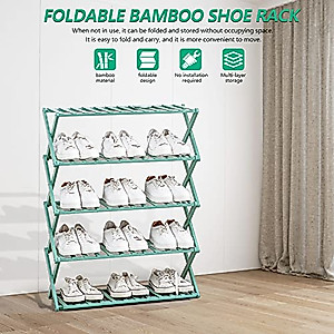 SAISN 5 Tier Wooden Shoe Rack Bamboo Shoes Storage Shelf Stackable Shoe Organizer Racks Multifunctional Free Standing Shoe Shelf Free Installation Foldable Shoe Stand for Entryway Hallway (Green)