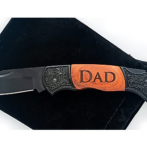 Generic Dad Engraved Rosewood Black Steel 7 Inch Folding Pocket Knife w/ 3 in. Locking Blade (Dad)