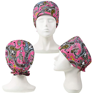 SATINIOR 6 Pieces Adjustable Turban Caps with Button and Sweatband Bouffant Printed Covering Hat for Women Men