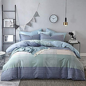 VM VOUGEMARKET Blue Patchwork Duvet Cover Set Queen Multi-Dimensional Design Modern Bedding Set Plaid Mint Green with Stripes Soft Cotton Comforter Cover with Zipper Closure-No Filling