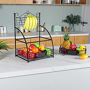 2-Tier Fruit Basket for Kitchen, Bananas Hanger Hook Holder &Countertop Tiered Fruit and Vegetable Storage Bowl Stand, Detachable, Easy to Assemble, Large Capacity for Home Kitchen Organizer-Black