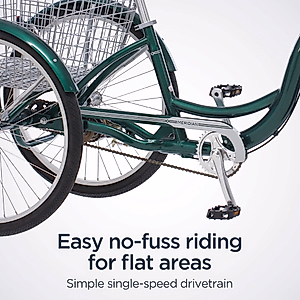 Schwinn Meridian Adult Tricycle Bike, Mens and Womens Three Wheel Beach Cruiser, 26-Inch Wheels, Low Step-Through Frame, Wide Seat, Rear Folding Basket, 1-Speed, Green