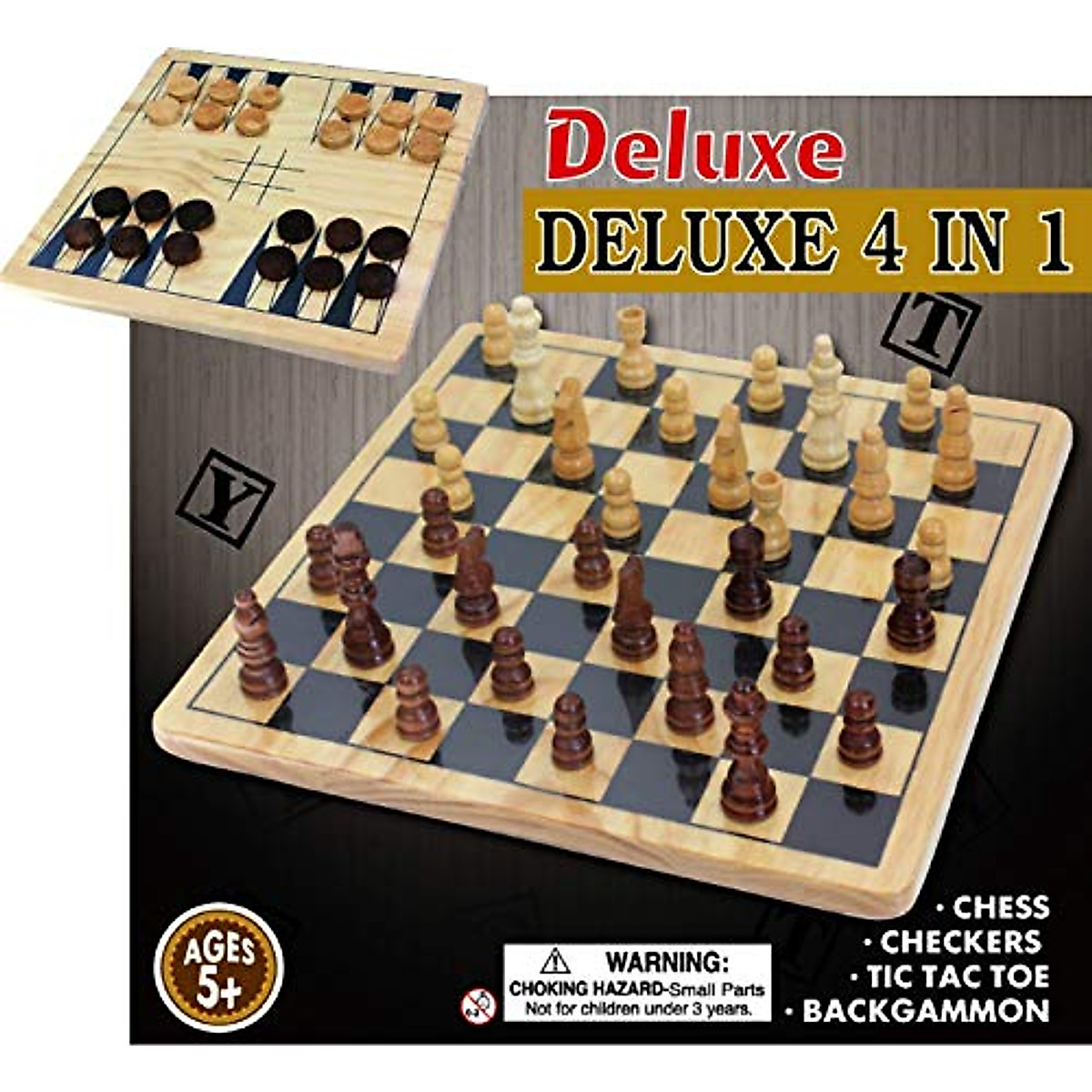 Matty's Toy Stop Deluxe 4-in-1 Reversible Chess, Checkers, Tic Tac Toe & Backgammon Wooden Board Game Set