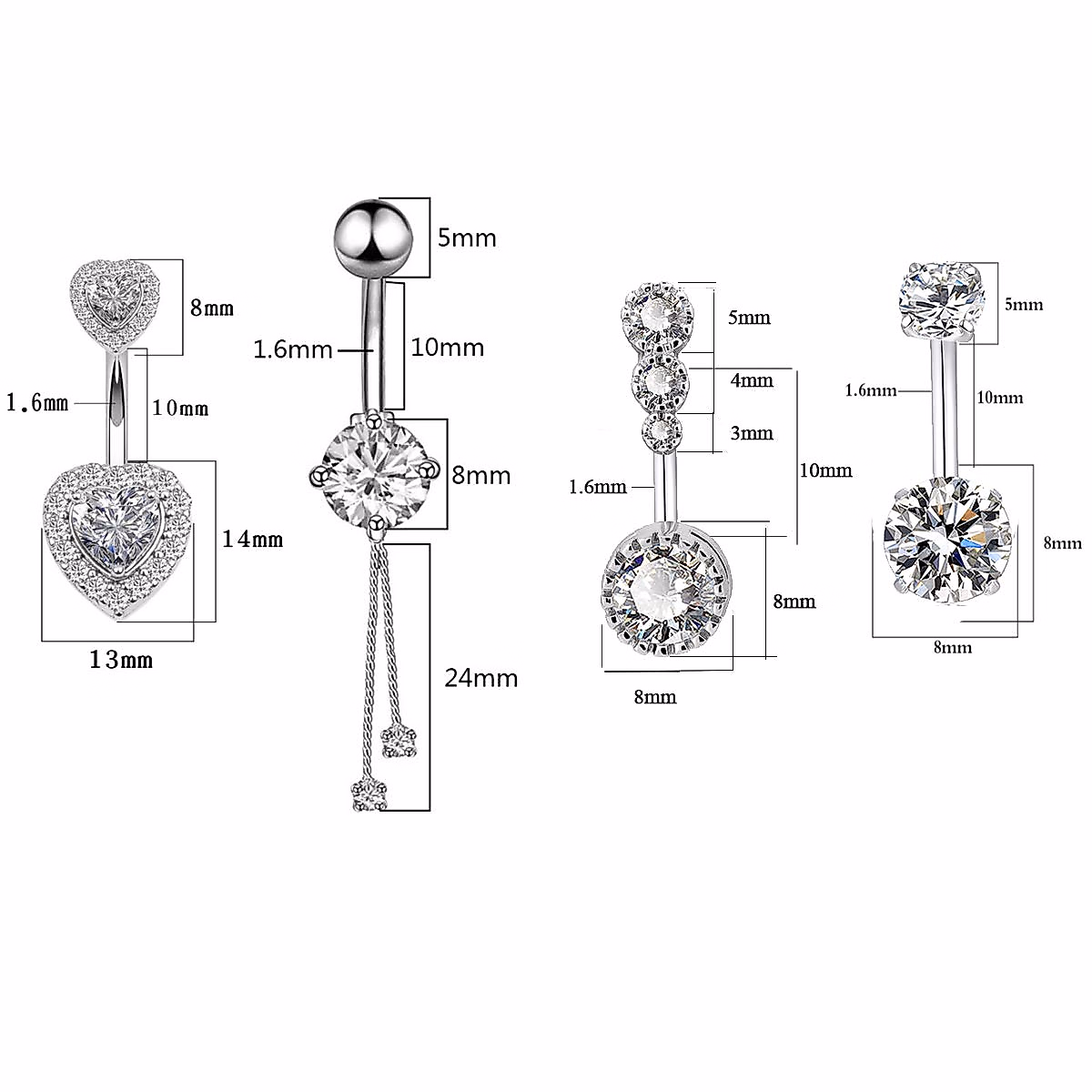 14G Surgical Steel Belly Button Rings Round Love Heart Clear CZ Navel Curved Barbell Studs Sexy Body Piercing (4PCS - Steel)