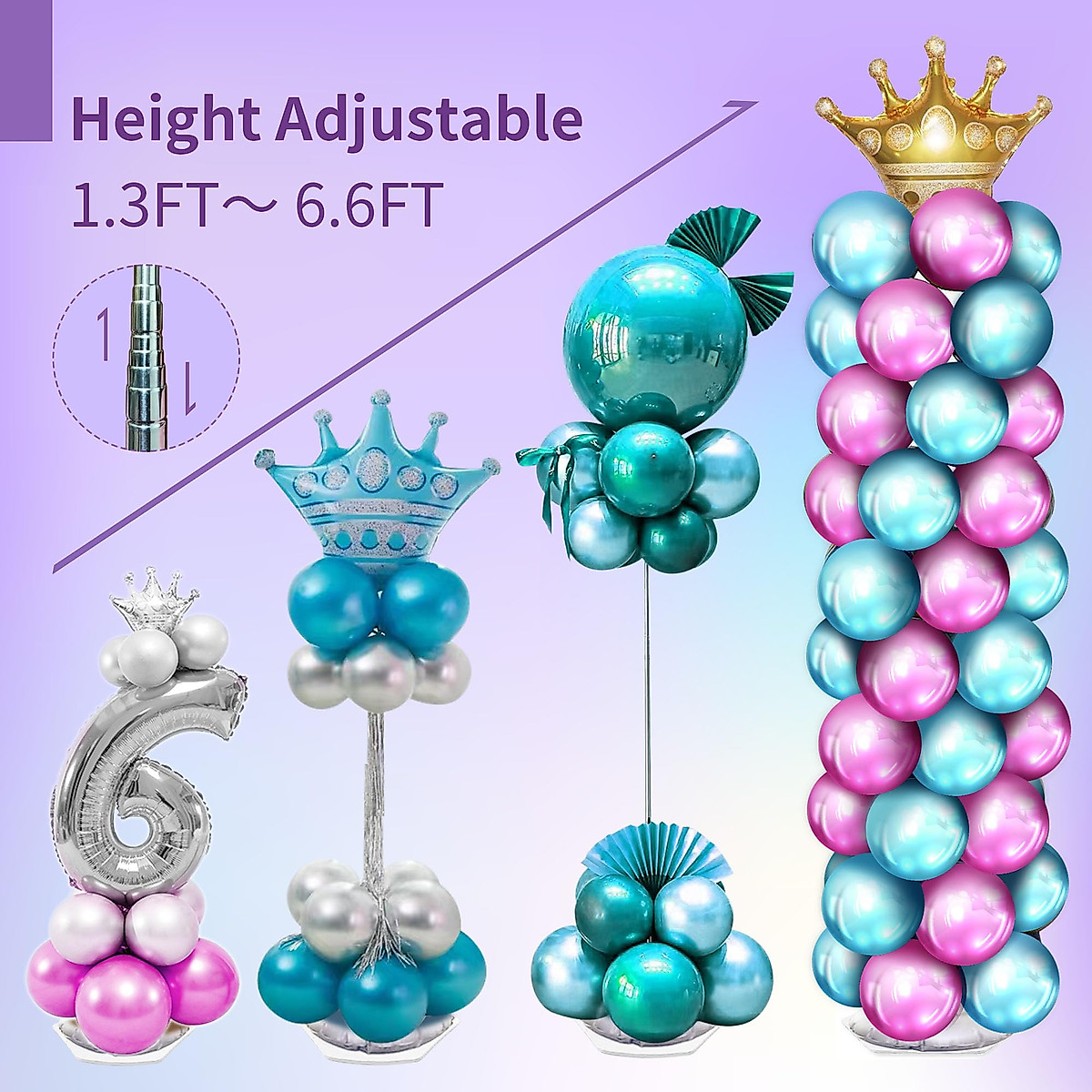 Balloon Column Kit Set Of 2, Balloon Stand for Floor with Base and Metal Telescopic Pillar（6.6ft Adjustable Height）for Birthday,Graduation,Baby Shower, Wedding Party Decoration