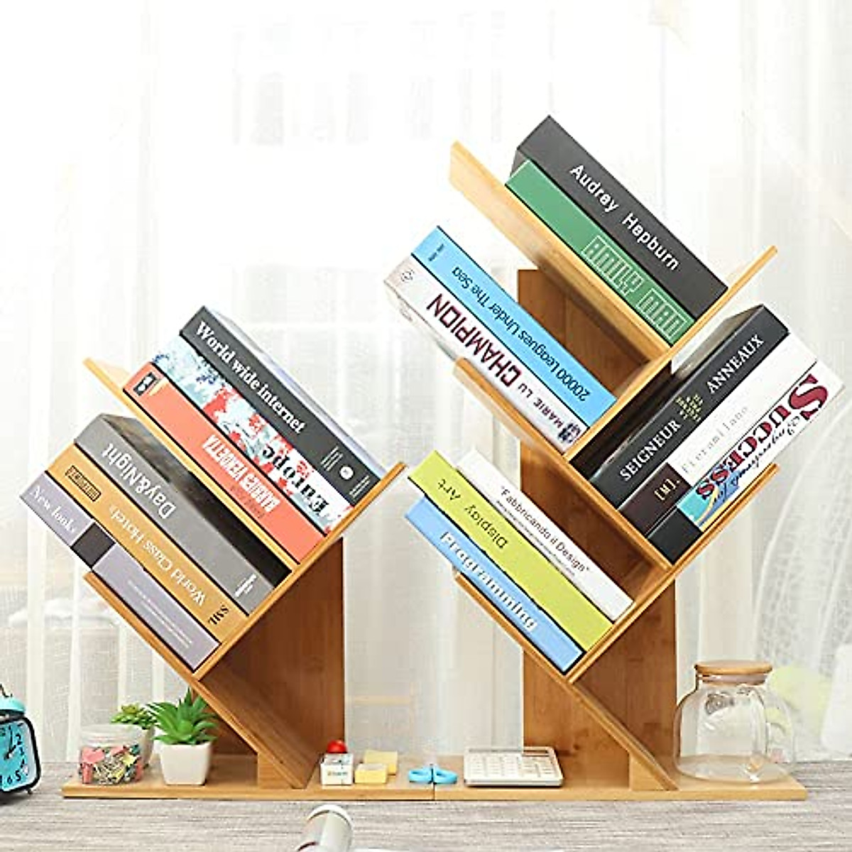 Desktop Bamboo Bookshelf Desk 3-Tier Book Storage Organizer Shelves Tree Bookshelf, Floor Standing Bookcase, Wood Storage Rack for Office Home School Shelf Display Creative Bookcas (Bamboo Wood)
