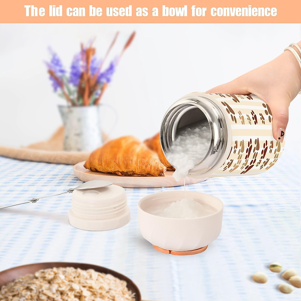 CUPADA Brown Golden Dog Paw Food Jar for Hot and Cold, Puppy Stripes Insulated Food Jars Vacuum 17OZ with Folding Spoon for Work Trip Picnic Camping