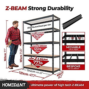HOMEDANT Z-beam 5 Tier Laminated Heavy Duty Garage Storage Adjustable Wide Size Metal Shelving Unit Utility Rack Shelves Organization Multipurpose Shelf Shed Warehouse 47.7"W x 18.2"D x 71.3"H 1Pack
