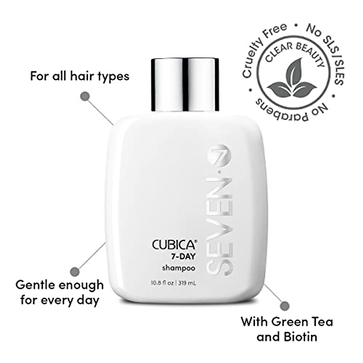 SEVEN Haircare Cubica 7-DAY Shampoo for Women, Men, All Hair Types, Add Shine and Moisture to Hair, Sulfate Free, Cruelty Free & Paraben Free with Biotin + Green Tea Extract, Made in USA, 10.8oz