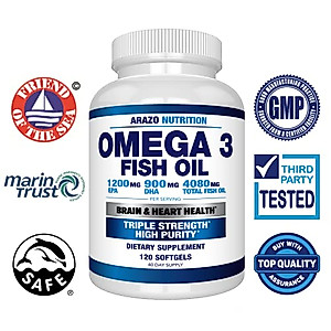 Arazo Nutrition Omega 3 Fish Oil 4,080mg - High EPA 1200mg + DHA 900mg Triple Strength Burpless Softgels (120 Soft Gels)