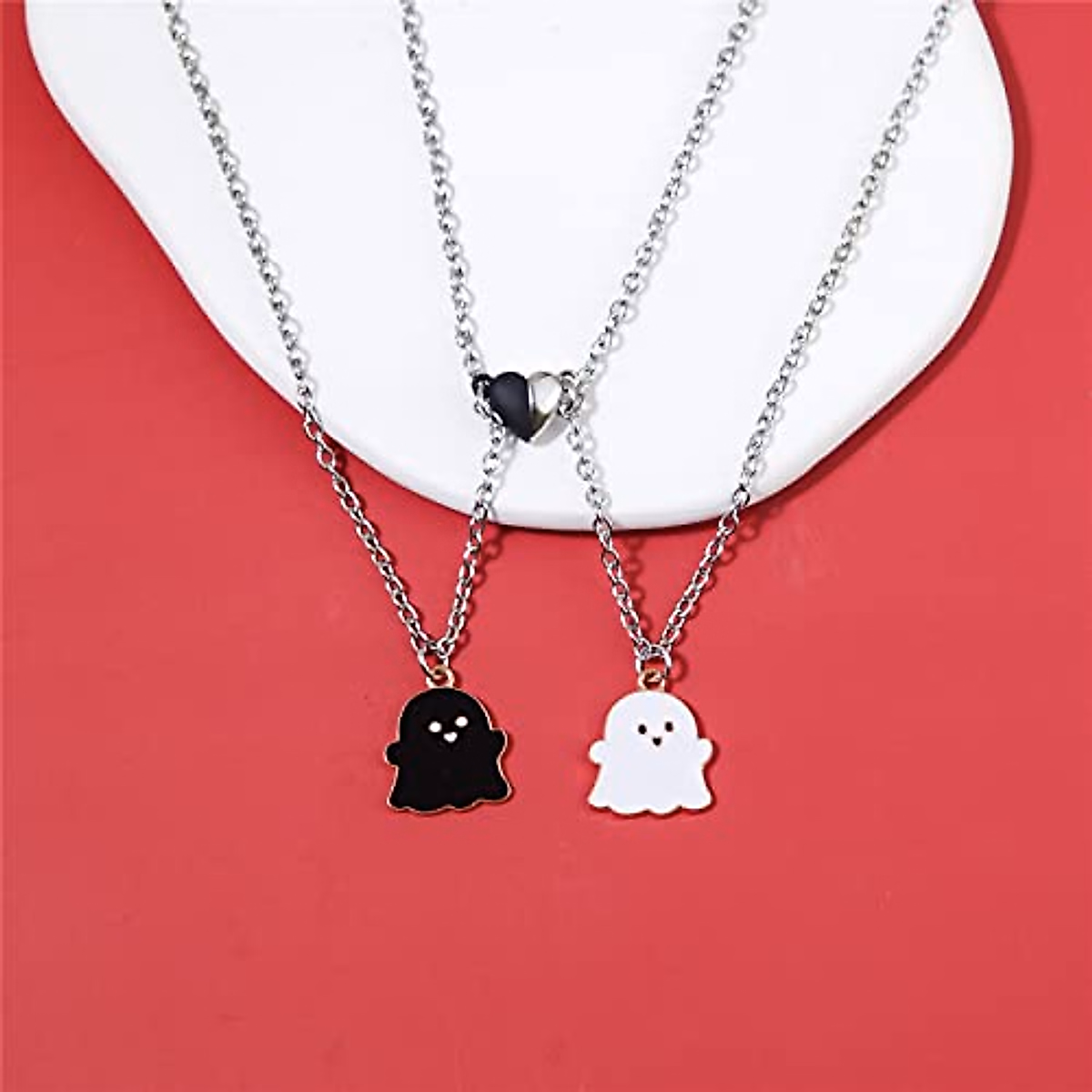 2Pcs Lovely Magnetic Love Heart Ghost Pendant Necklace Set for Women Men Friend Girl Boy Teen Enamel Mutual Attract Magnet Couple Matching Necklace Halloween Jewelry Birthday BFF Gift-A black white