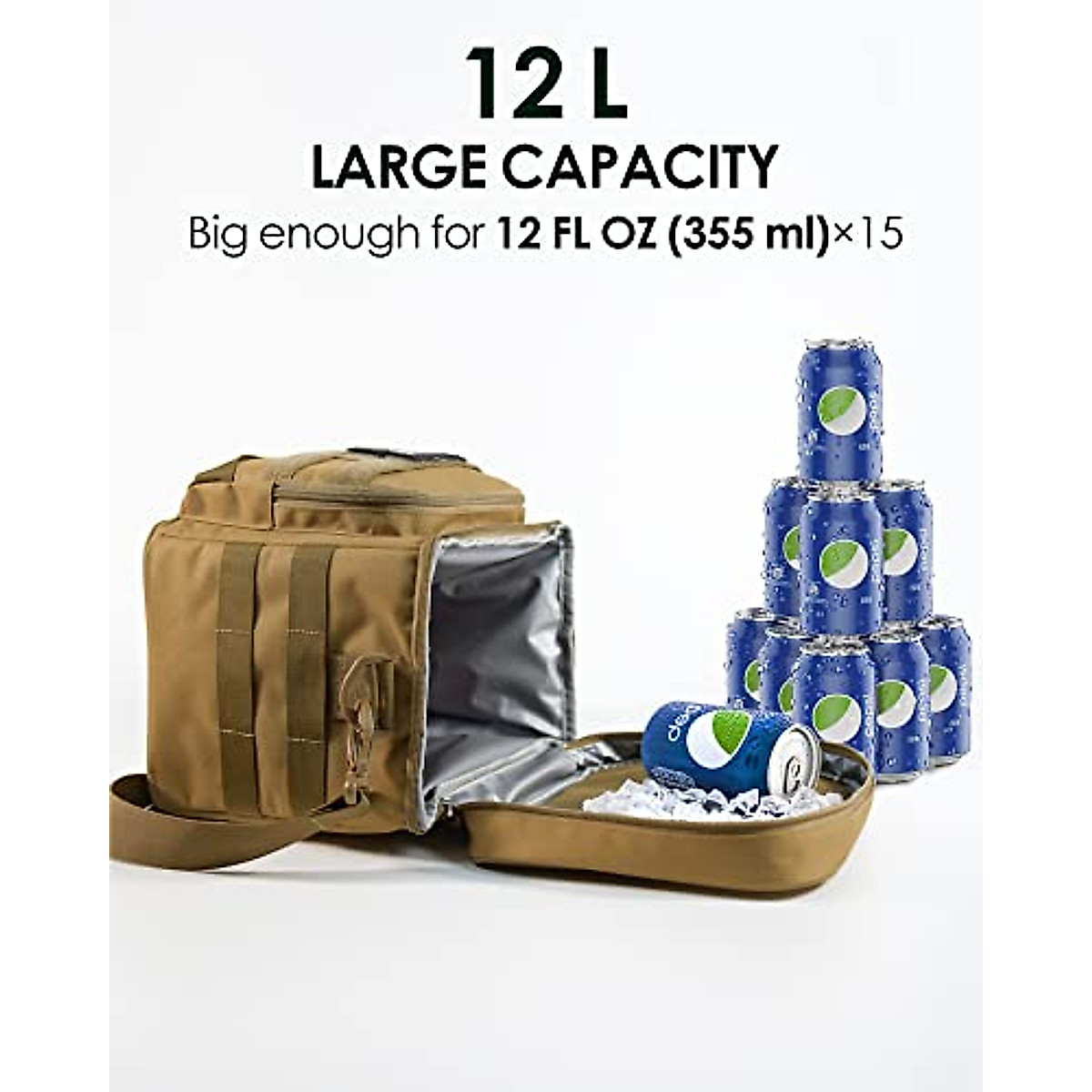 TACTICISM Tactical Lunch Box for Men 12L MOLLE Lunch Bag Adult, Up to 8 Hours Insulated lunchbox, Large Durable Leakproof Cooler with Detachable Water Bottle Pouch, for Work Camping Fishing, Brown