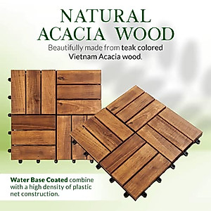 Acacia Wood Interlocking Deck Tiles for Outdoor/Indoor - (Pack of 10) 12"x12" All Weather Balcony Flooring - Snap Click Together Patio Tiles - Portable Waterproof Dance Floor Covering, Outside Walkway