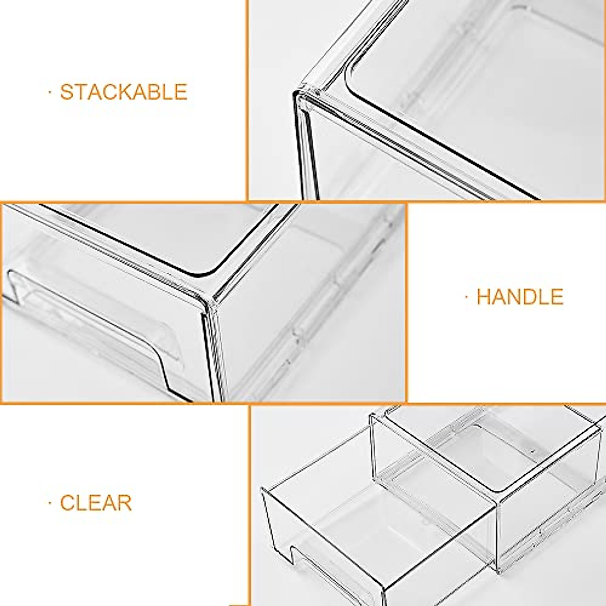 2 Pack Stackable Refrigerator Organizer Bins with Pull-out Drawer Clear Plastic Kitchen Storage Box for Fridge and Cabinets, 4.7" x 13.2" x 4.3"