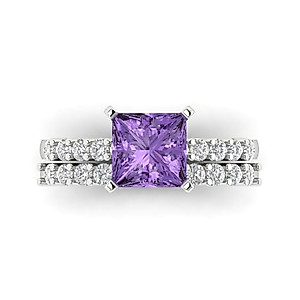 Clara Pucci 2.66ct Princess Cut Pave Solitaire Accent Created Alexandrite Engagement Anniversary Bridal Ring Band set 18K White Gold 3.5