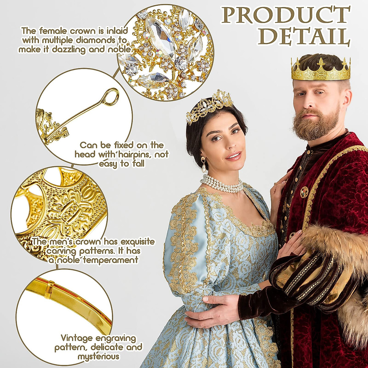 Sureio 2 Pcs Antique Royal King Crown for Men Baroque Queen Crown for Halloween Crystal Tiara Prom Party Headband Accessories(Elegant Style)