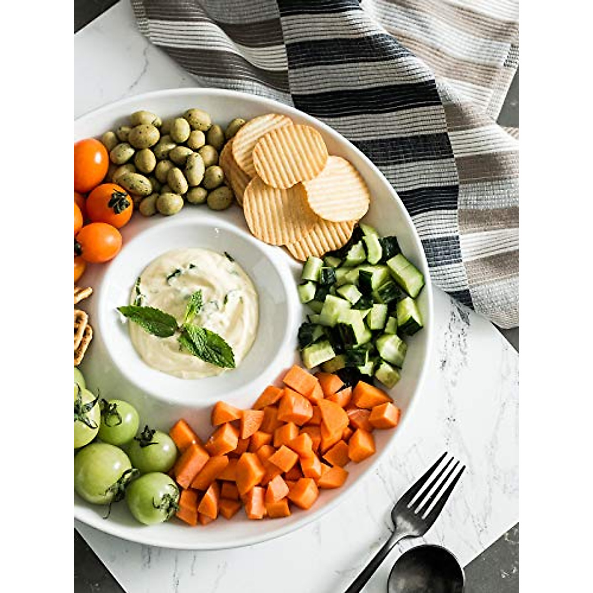 LAUCHUH Porcelain Chip and Dip Serving Set Divided Serving Trays Appetizers and Cheeses Serving Platter Compartment Dish 12-inch set of 1