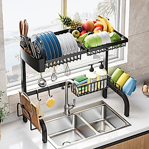 Urackify Over The Sink Dish Drainer Drying Rack, Adjustable (25.19"-37.4") Over Sink Dish Drying Rack, Extra Large Extendable Dish Rack Above Kitchen Sink, 2 Tier Dish Strainer with Storage Basket