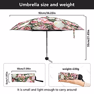 ALAZA Pink Rose White Flowers Floral Folding Umbrella for Rain Sun Travel Mini Lightweight Compact Umbrellas