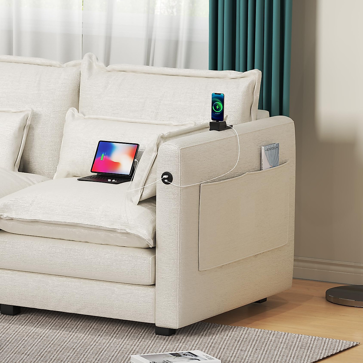 DYHOME L Shaped Couch Sectional Sofa Comfy Cloud Couch for Living Room, Deep Seat Modular Sectional Sofa with Padded Armrests, Pillows, and Charging Station, Modern Chenille, 3 Seat Cream White