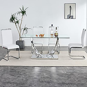 62.8" Rectangular Glass Dining Table for 4-6 with 0.39" Tempered Glass and Silver Chrome Metal Special-Shaped Bracket, for Kitchen Dining Living Meeting Room Banquet Hall