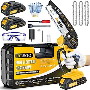 Mini Chainsaw, RLSOO 6-Inch Electric Chainsaw Cordless, Portable Small Handheld Chain Saw for Wood Cutting, Tree Trimming, Courtyard, Household, and Garden (Includes 2 Batteries and 3 Chains)