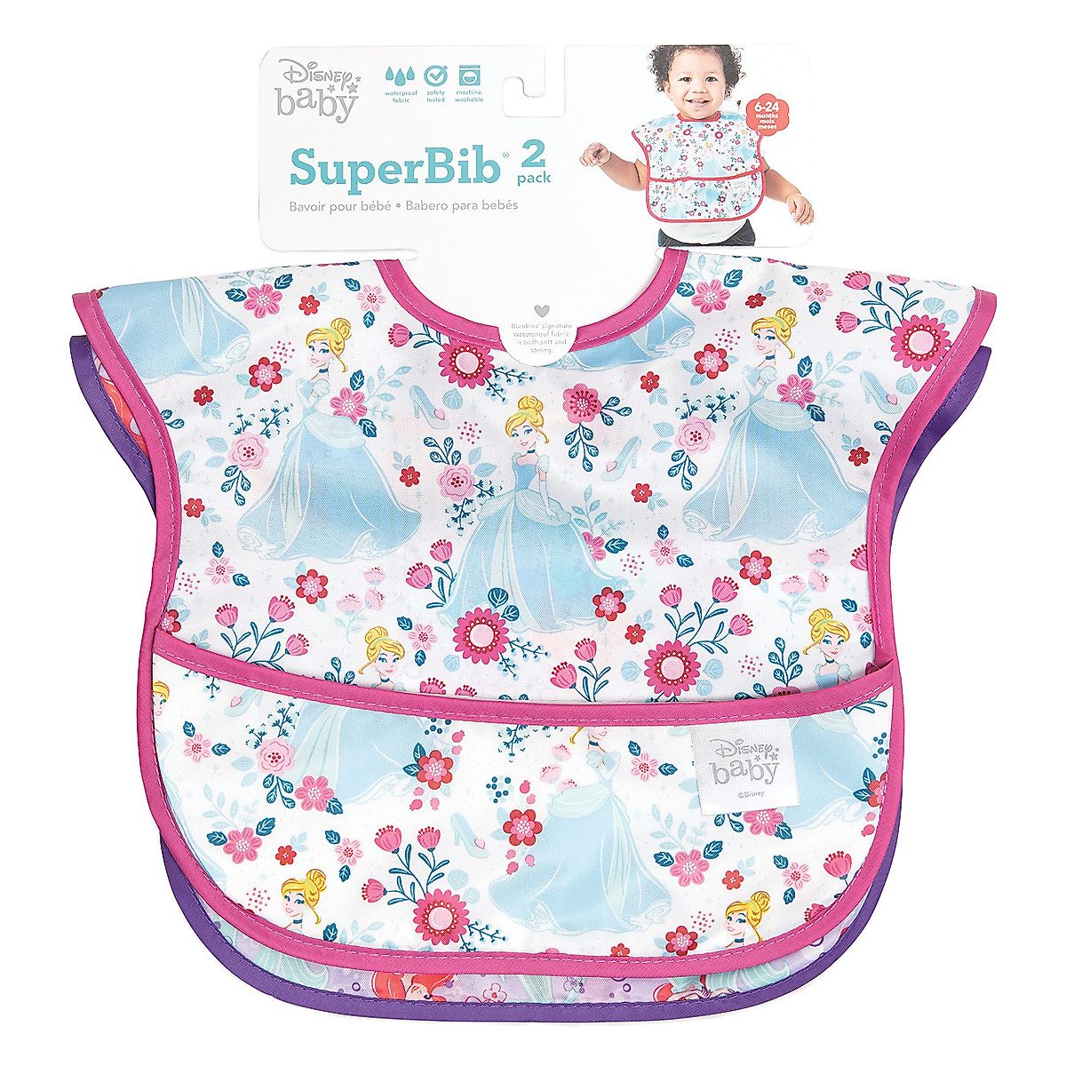 Bumkins Disney Bibs for Girl or Boy, SuperBib Baby and Toddler for 6-24 Months, Essential Must Have for Eating, Feeding, Baby Led Weaning, Mess Saving Waterproof Soft Fabric, 2-pk Princess