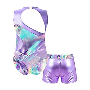 Nikiikoo Kids Girls Sparkly Gymnastics Leotards with Shorts Outfits Ballet Dance Biketard Gym Clothes Swimwear Lavender 12 Years