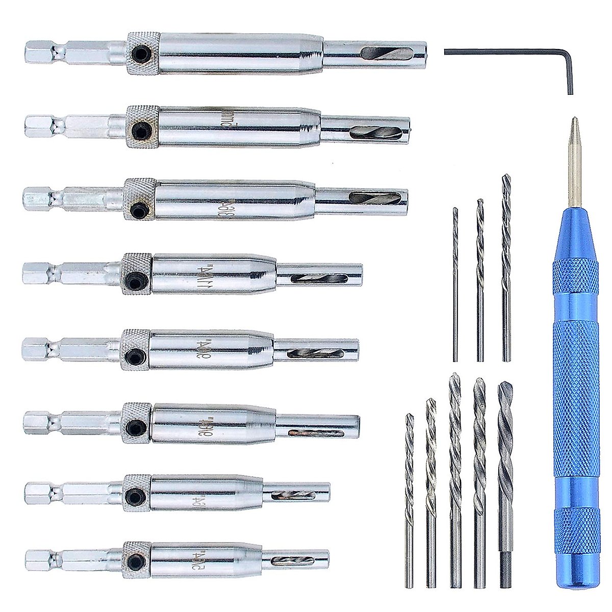 17Pcs Self Centering Drill Bit Set (1/4" Hex Shank) for Woodworking,8Pcs Self Centering Drill Bit with 1 Hex Key,1 Automatic Center Punch and 8 Replacement Drill Bits