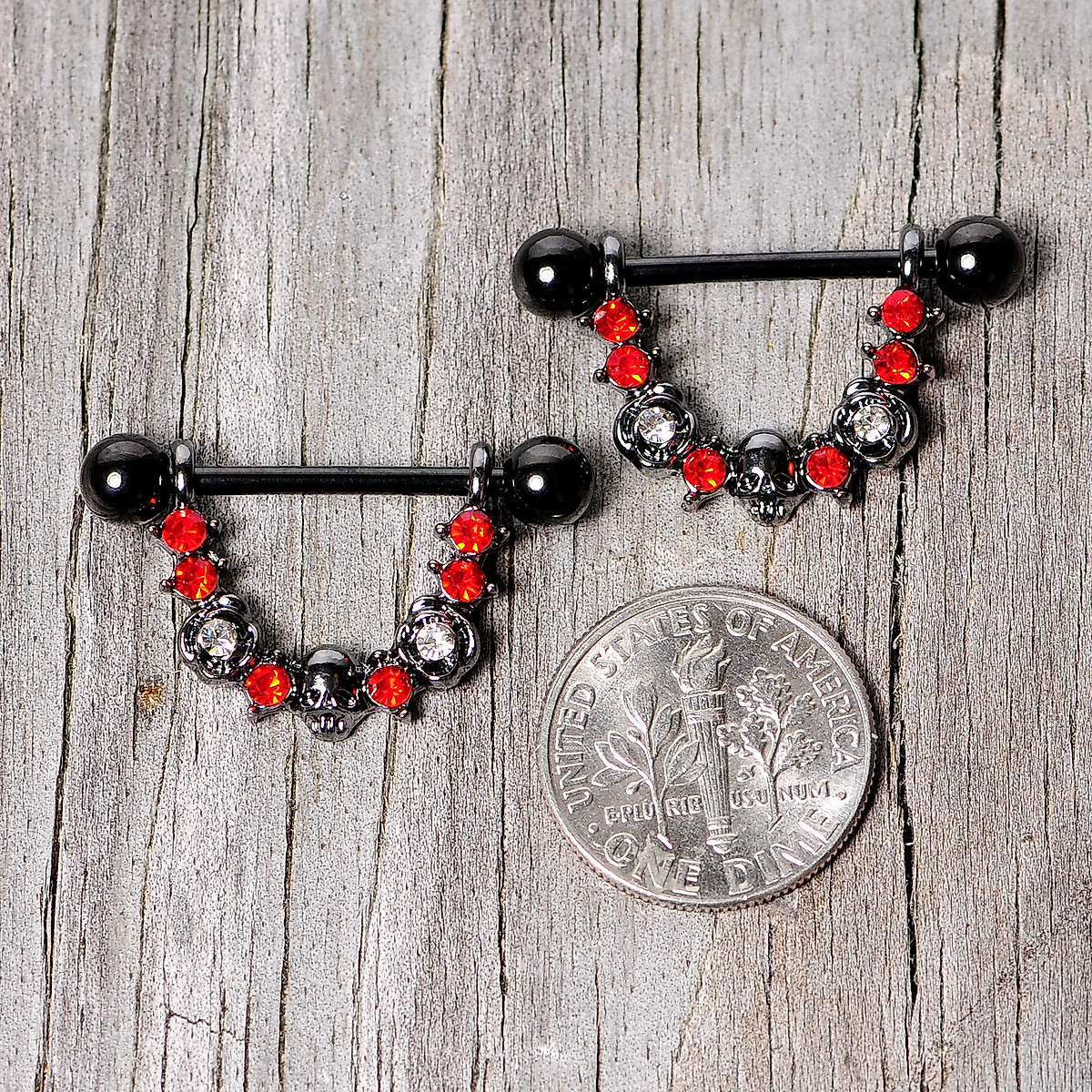Body Candy 14G Womens Nipplerings Piercing Steel 2Pc Black Red Accent Rose Skull Dangle Nipple Ring Set 5/8"