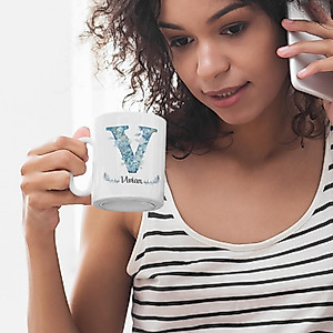 Personalized Letter V With Blue Floral Coffee Mugs, Customized Name Floral Alphabet Mugs, Coffee Cups Monogram, Letter Alphabet Initial Name Gifts, Custom Coffee Mugs For Women, Sister