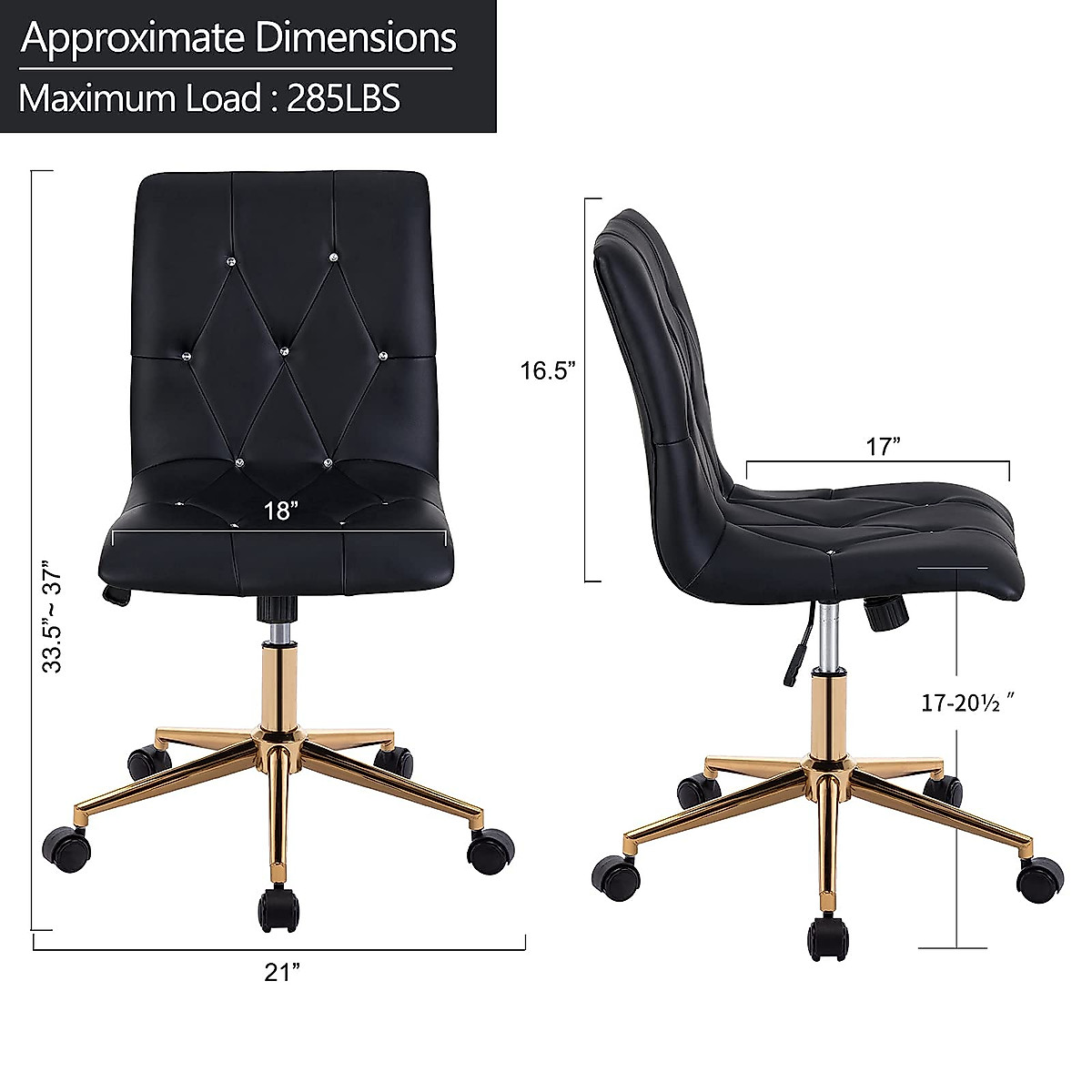 DUHOME Leather Home Office Chair, Armless Black Desk Chair with Gold Base, Adjustable Task Chair Computer Chair Rolling Chair with Wheels for Teens